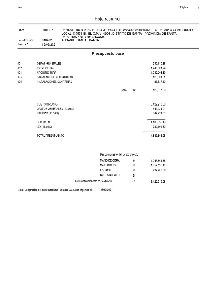 Resumen PPTO. DE OBRA | PDF