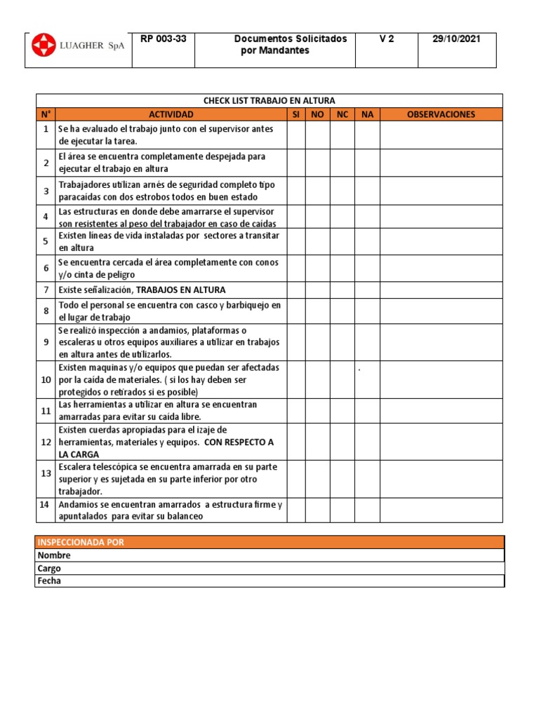 Checklist de Seguridad para Trabajo en Altura | PDF