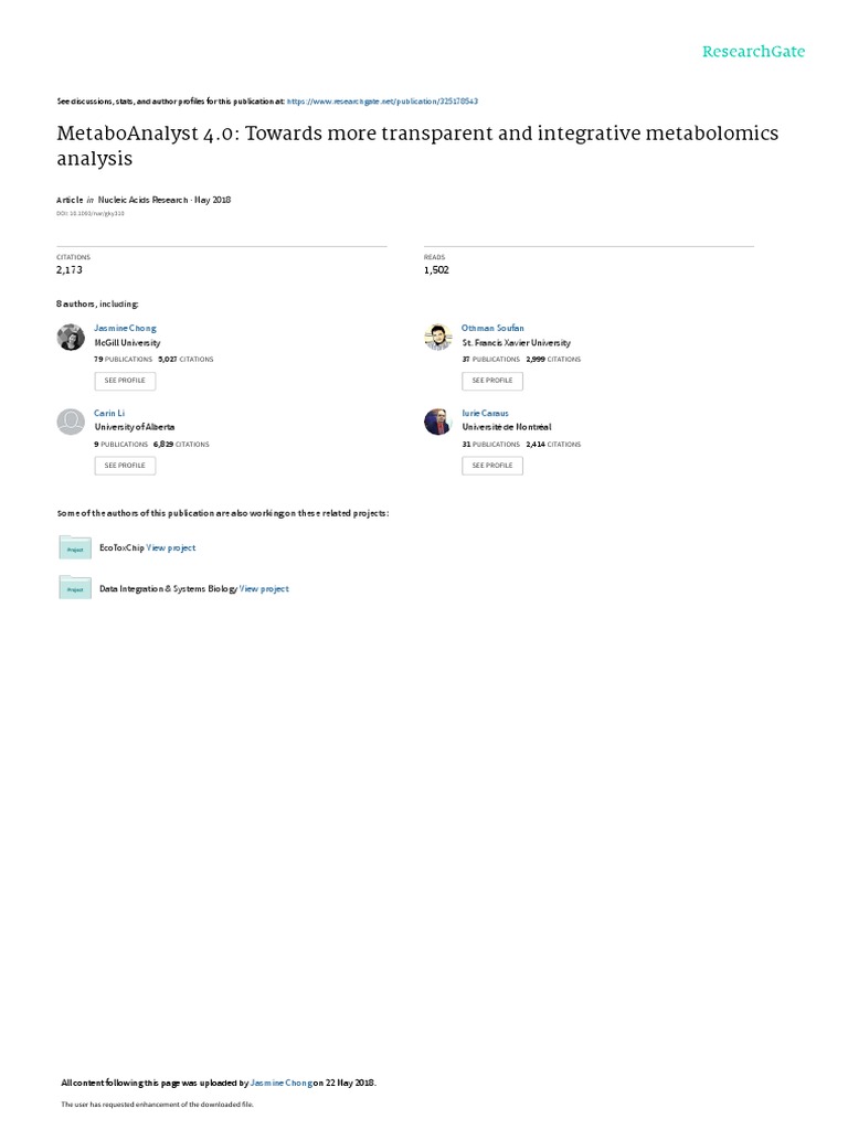 Metaboanalyst 4.0: Towards More Transparent and Integrative ...