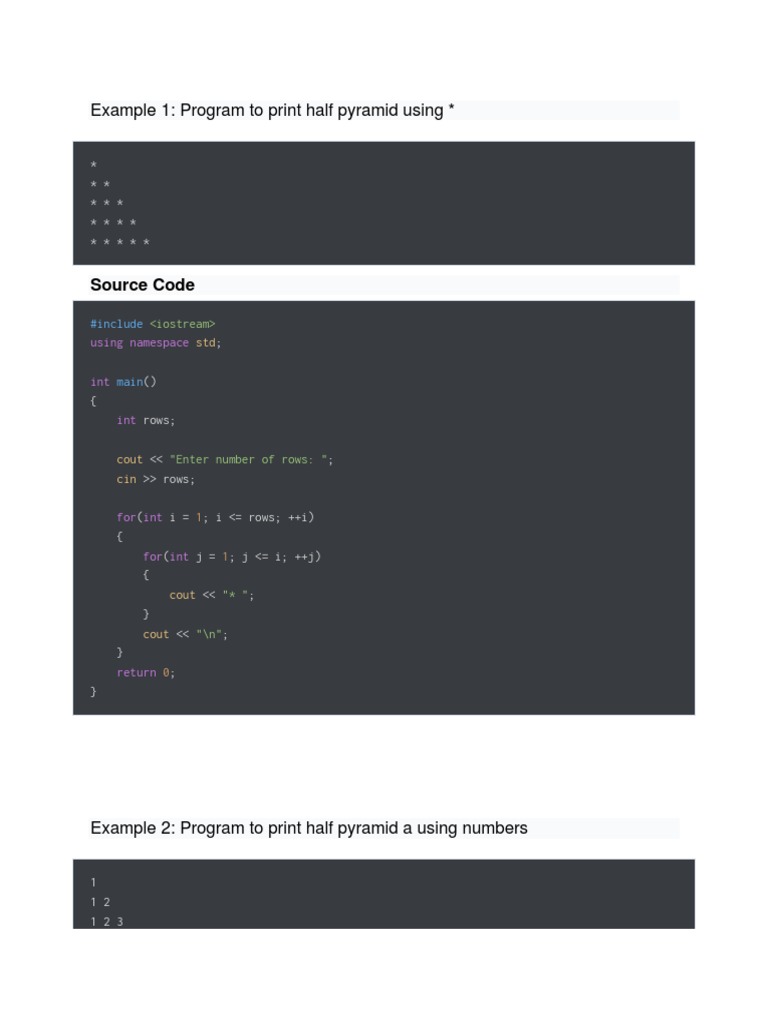 Example 1: Program To Print Half Pyramid Using : Source Code | PDF ...