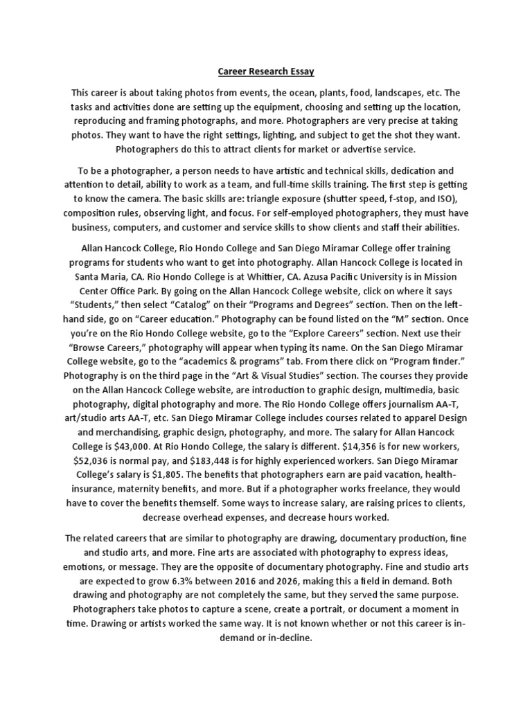 Career Research Essay | PDF | Photographer | Shutter Speed