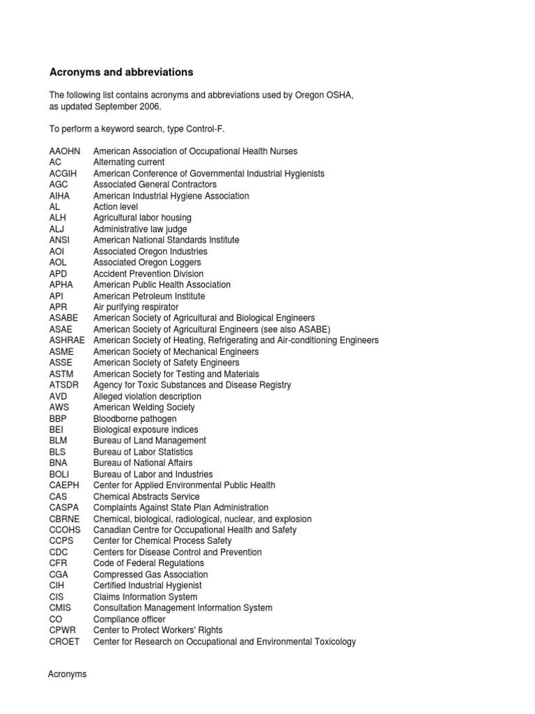 Acronyms and Abbreviations | PDF | Occupational Safety And Health ...