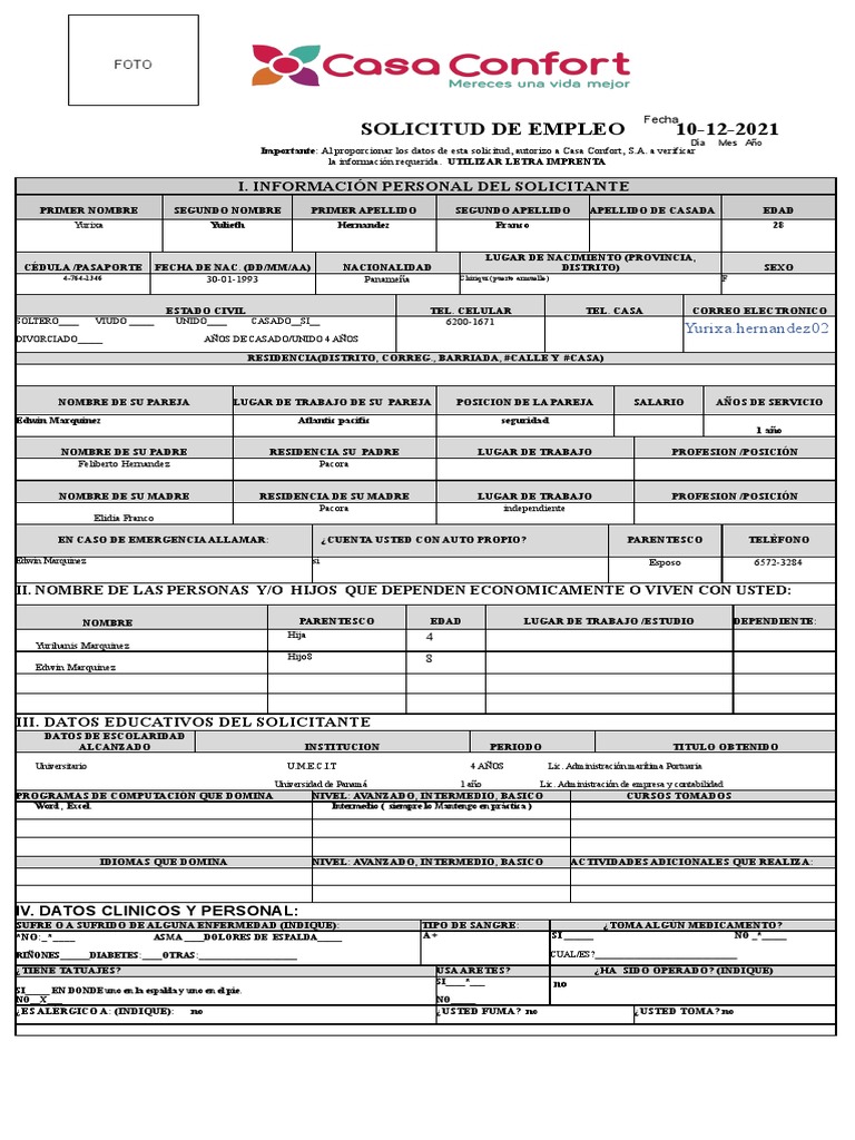 Formulario Solicitud de Empleo | PDF | Business | Economias
