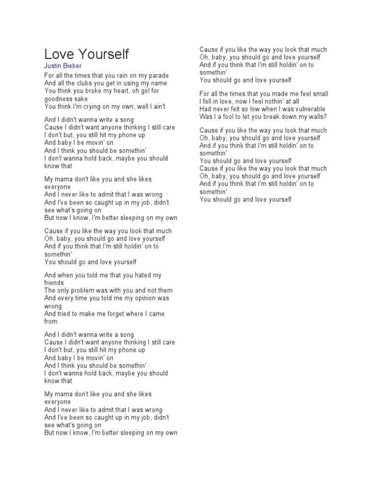 Love Yourself: Justin Bieber | PDF | Love Yourself
