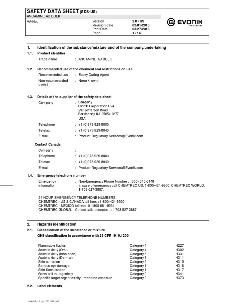 Evonik ANCAMINE AD Bulk SDS | PDF | Dangerous Goods | Firefighting