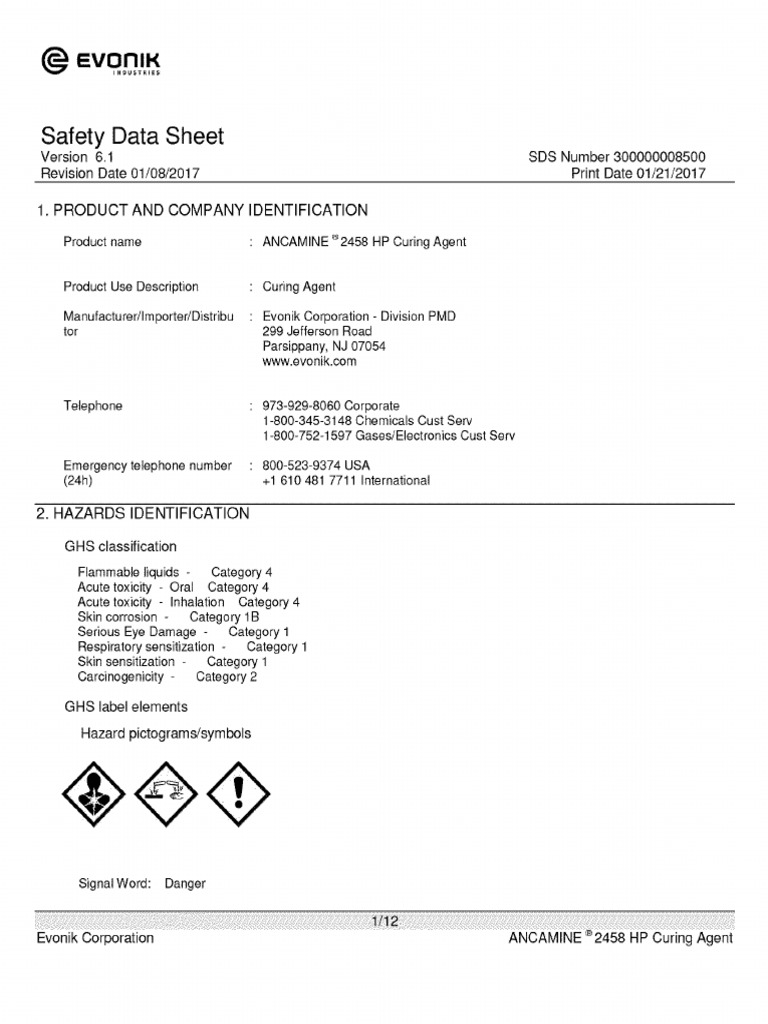 Evonik Ancamine 2458 HP Curing Agent SDS | PDF