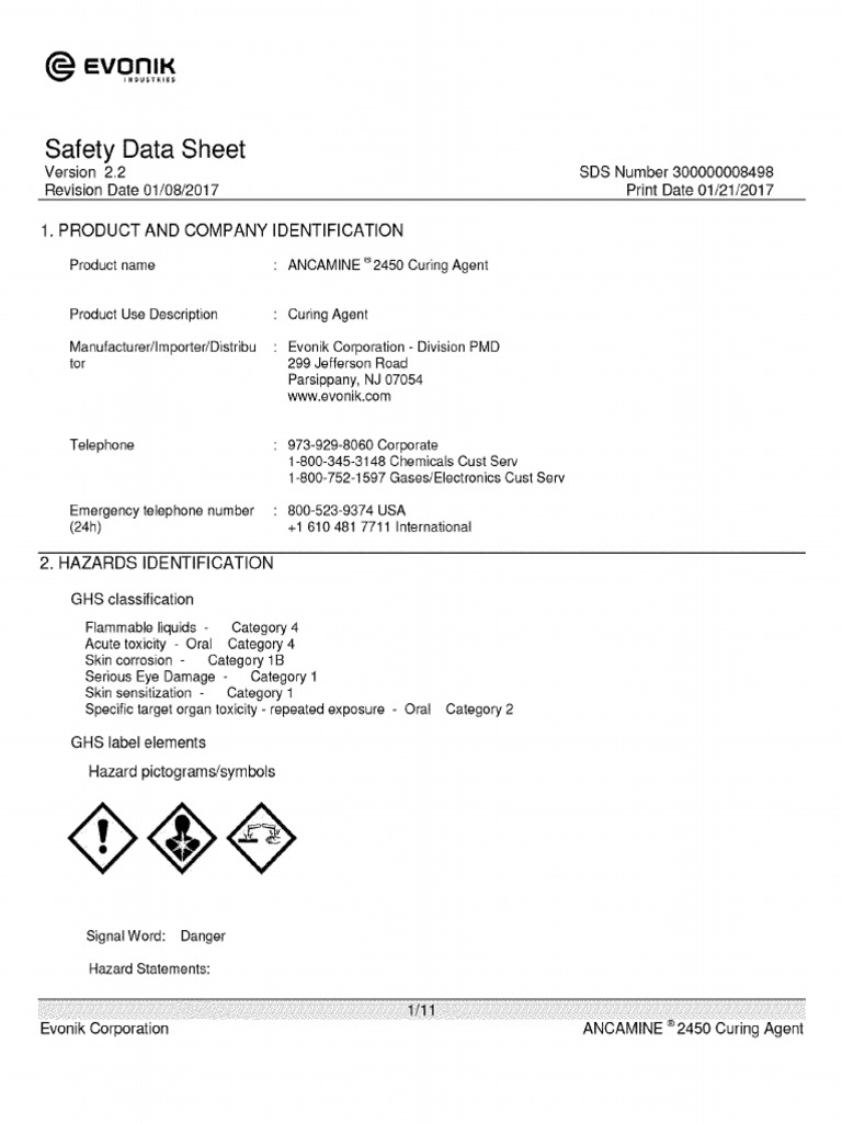 Evonik ANCAMINE 2450 Curing Agent SDS | PDF