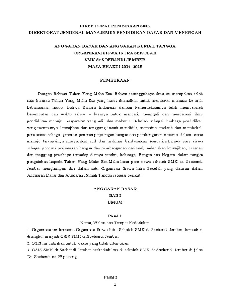 Contoh AD ART MPK OSIS SMK Dr. Soeband | PDF