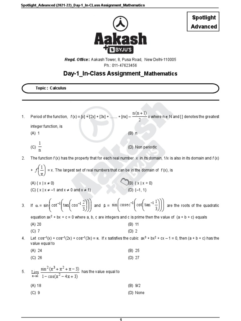 Day 1 Mathematics Assignment: Calculus | PDF | Function (Mathematics ...
