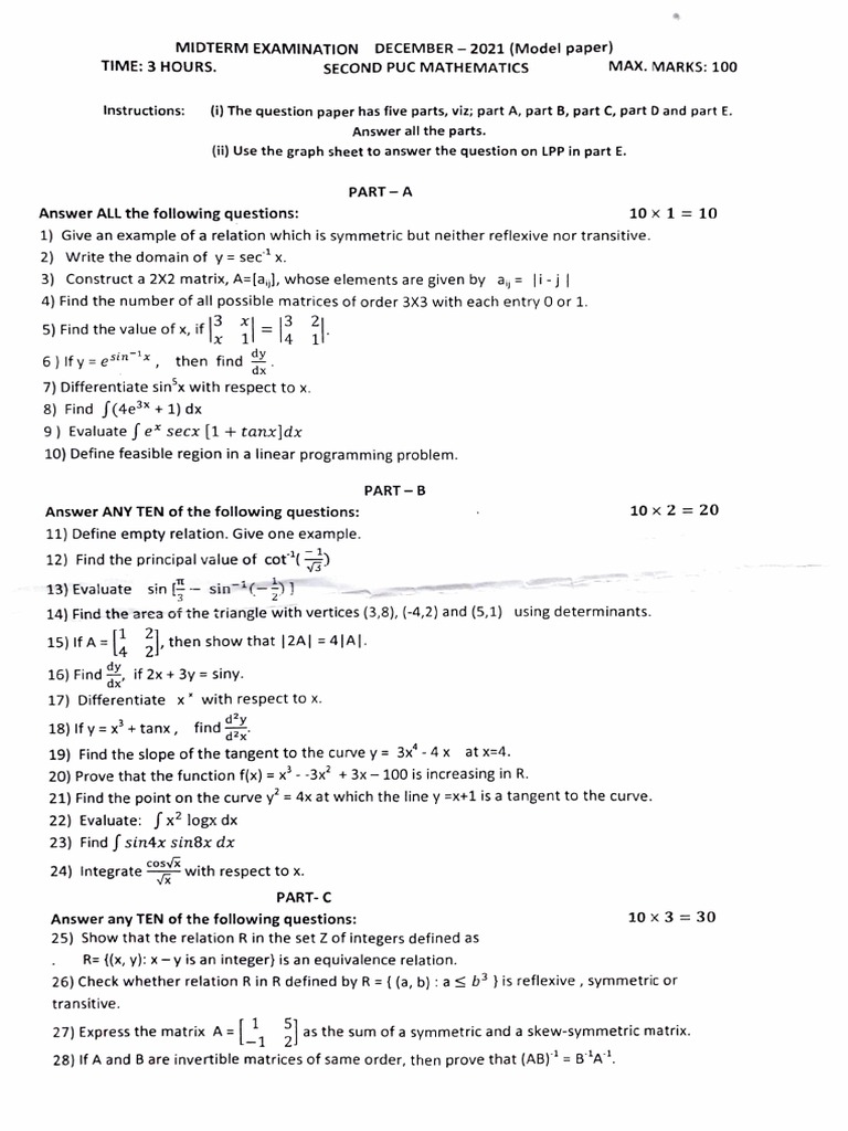 Second PUC Maths Midterm Model Paper | PDF | Matrix (Mathematics ...