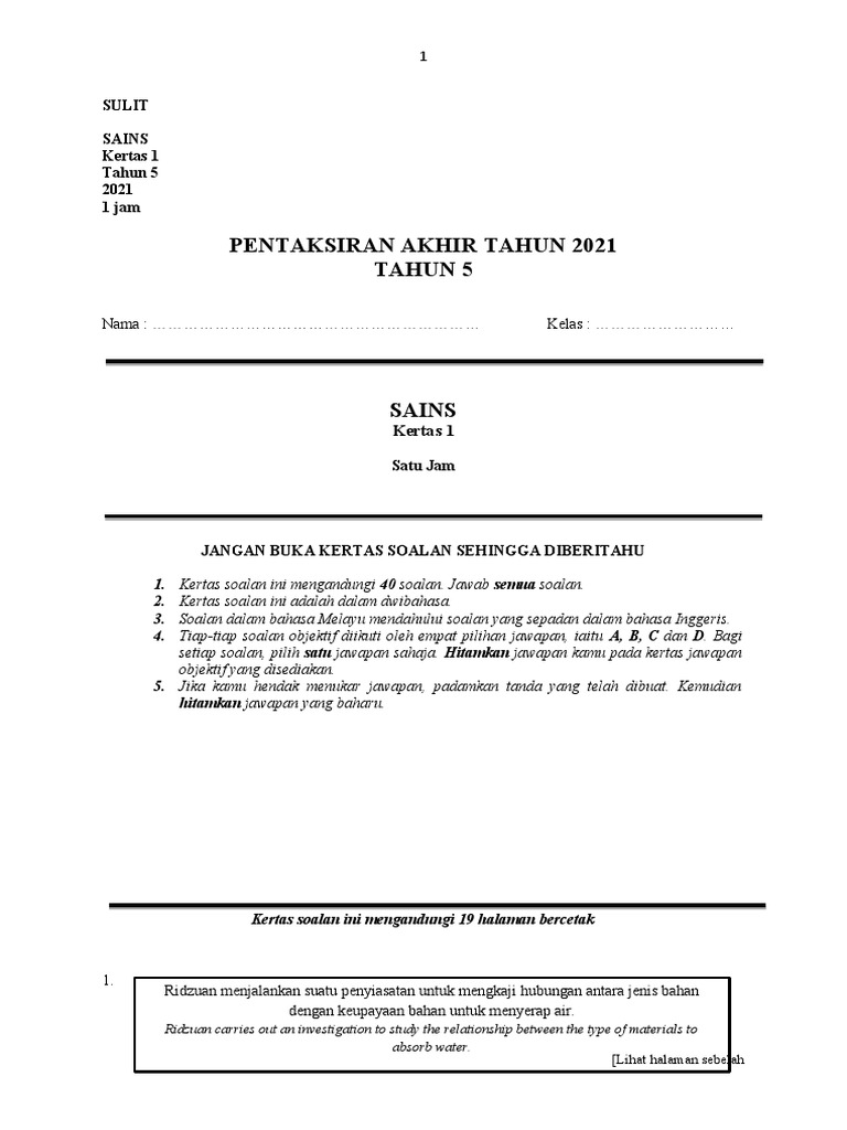 Soalan PPT 2021 - Sains T5 K1 (DLP) | PDF