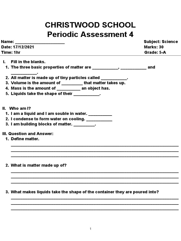 Christwood School Periodic Assessment 4 | PDF | Matter | Liquids