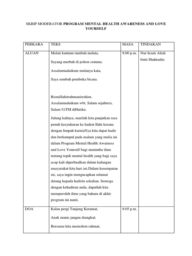 Skrip Moderator Program Mental Health Awareness and Love Yourself | PDF ...