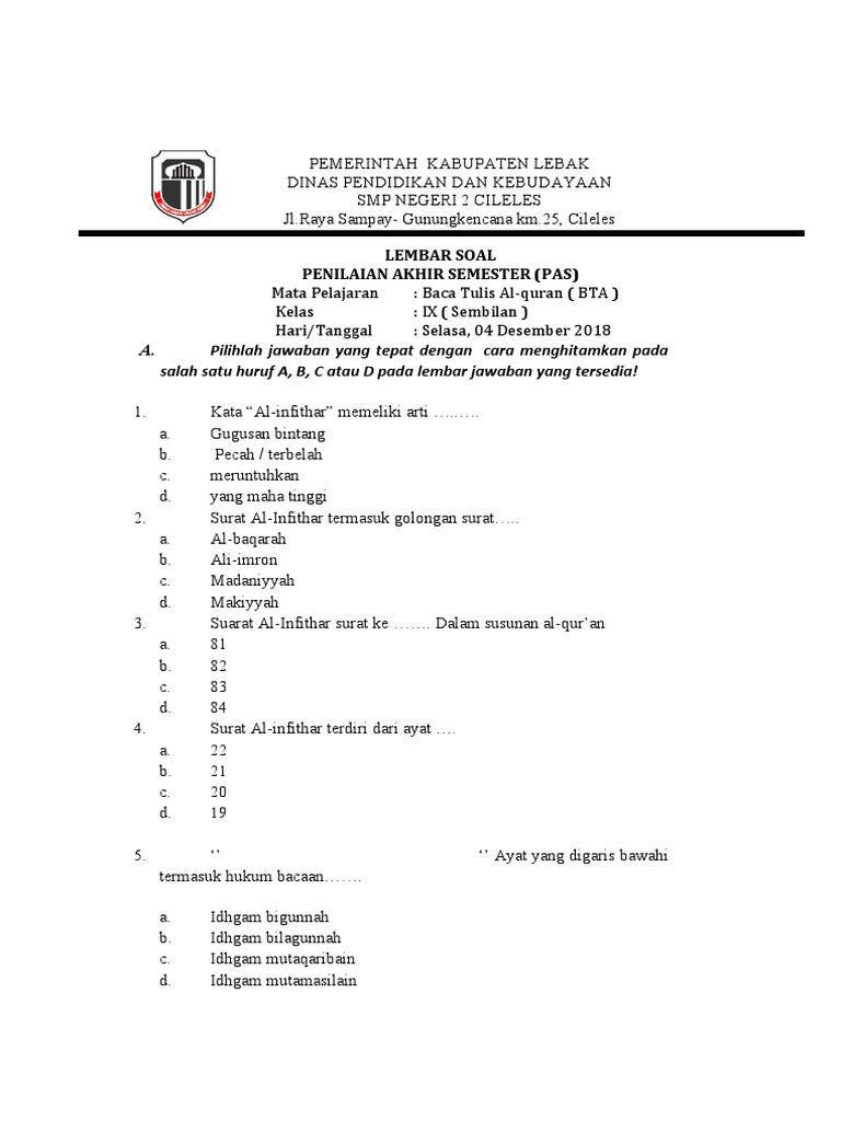 Soal PAS BTA Kelas 9 Sem 1 | PDF