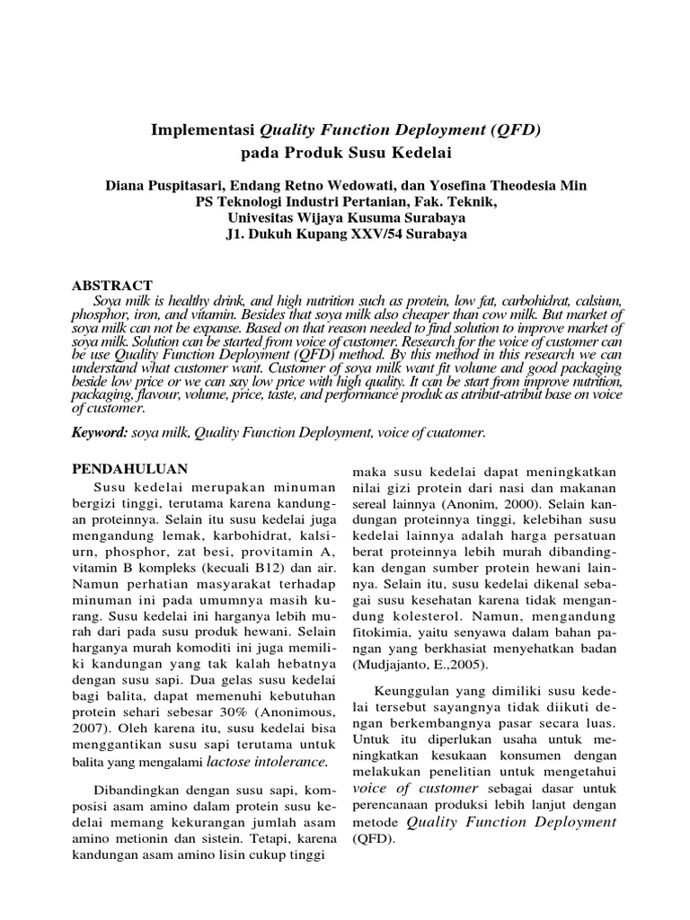 Implementasi Quality Function Deployment (QFD) Pada Produk Susu Kedelai | PDF | Bisnis