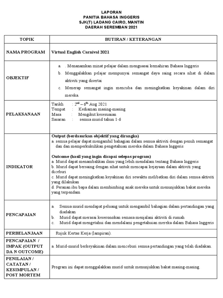 Laporan Program English Week 2021 | PDF