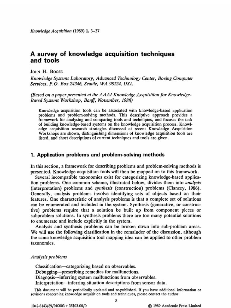Boose1989, A Survey of Knowledge Acquisition Techniques and Tools | PDF