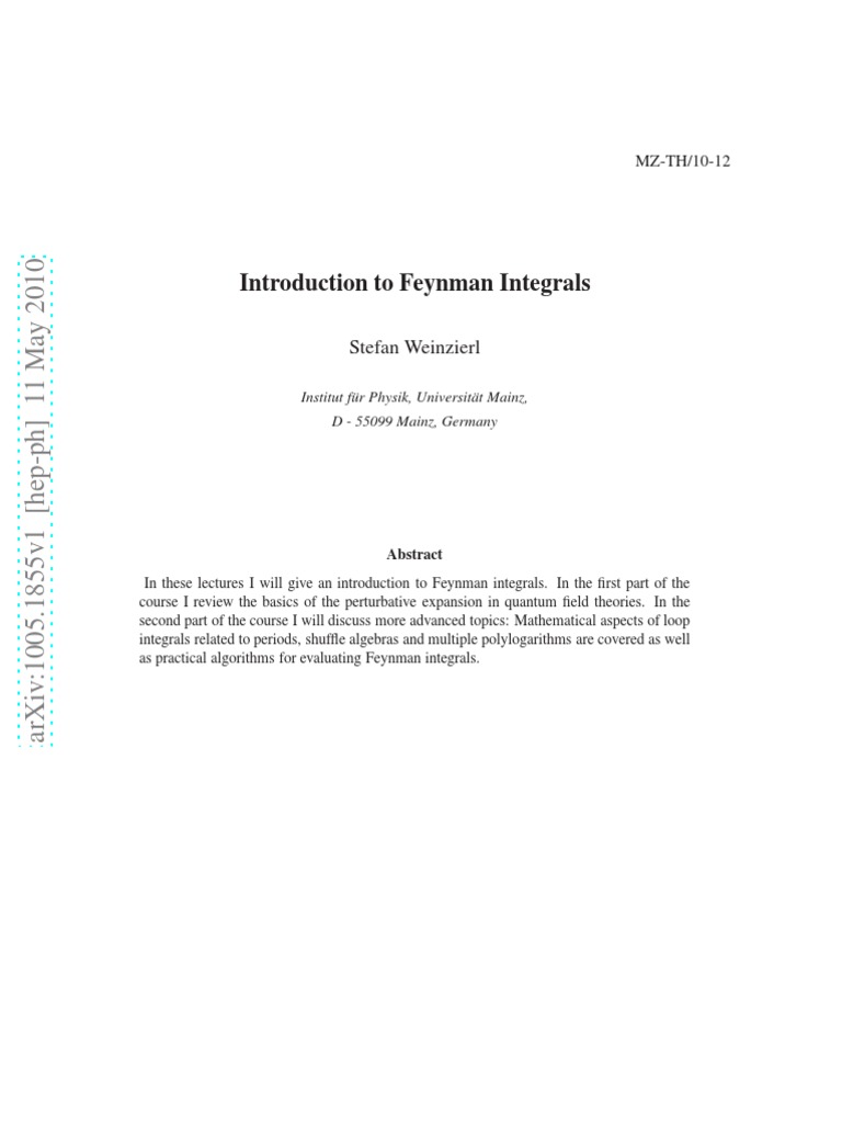 Introduction To Feynman Integrals Pdf Field Physics Particle Physics