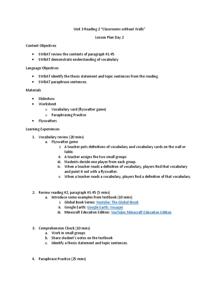 Lesson Plan-Unit 3 Reading 2 Day 2 | Download Free PDF | Vocabulary ...