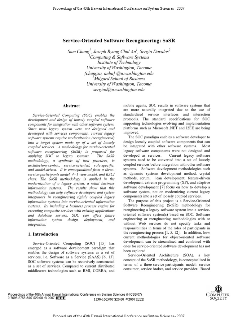 Service-Oriented Software Reengineering: Sosr: 1530-1605/07 $20.00 2007 Ieee | PDF | Service ...