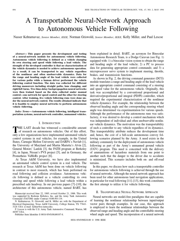A Transportable Neural-Network Approach To Autonomous Vehicle Following | PDF | Artificial ...