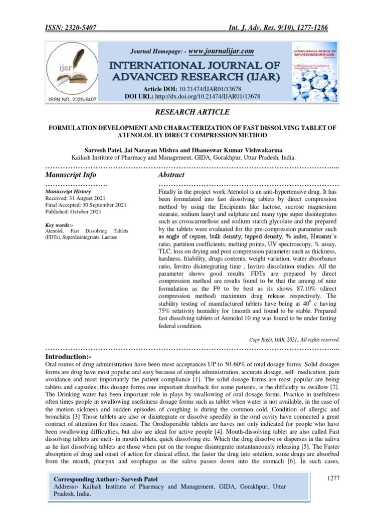 Formulation Development and Characterization of Fast Dissolving Tablet ...
