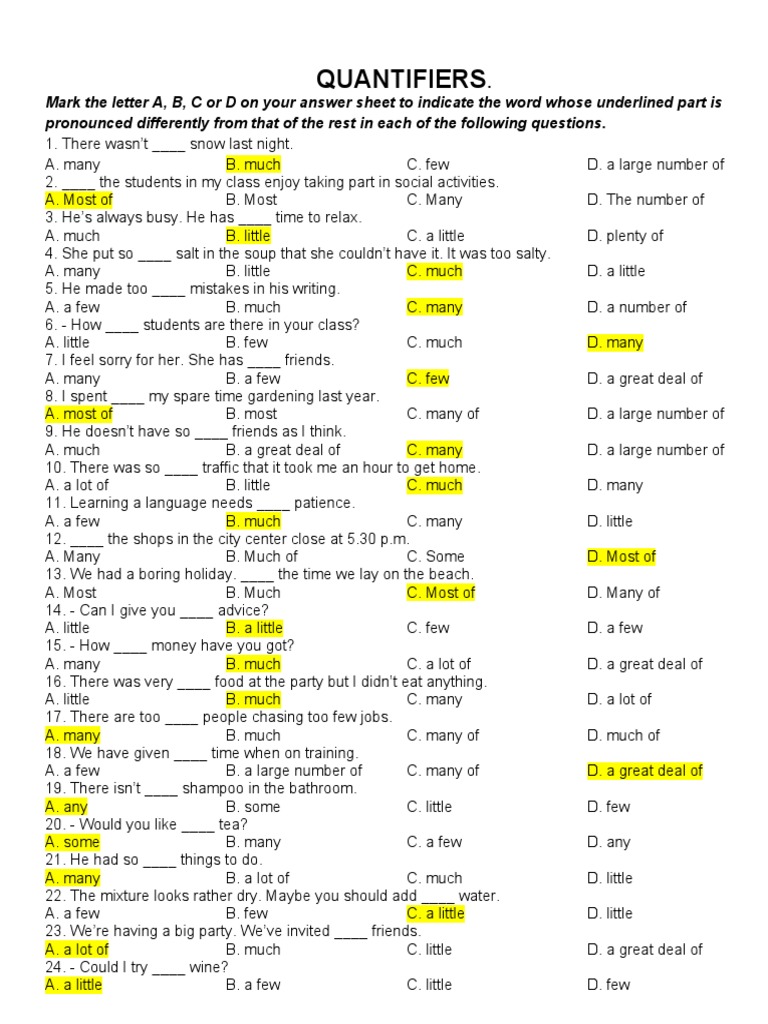 QUANTIFIERS - MCQs | PDF