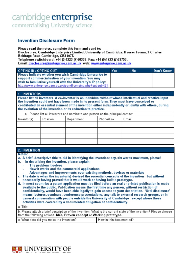 Invention Disclosure Form | PDF | Prior Art | Invention