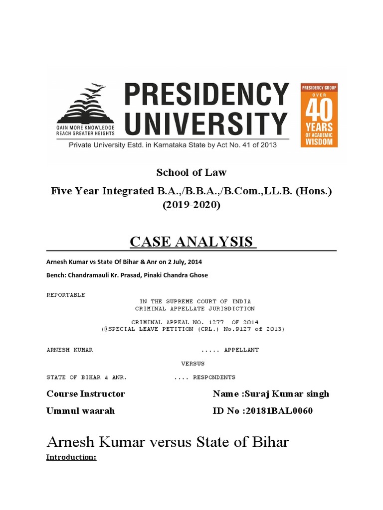 Arnesh Kumar Versus State of Bihar: Case Analysis | PDF | Arrest | Crimes