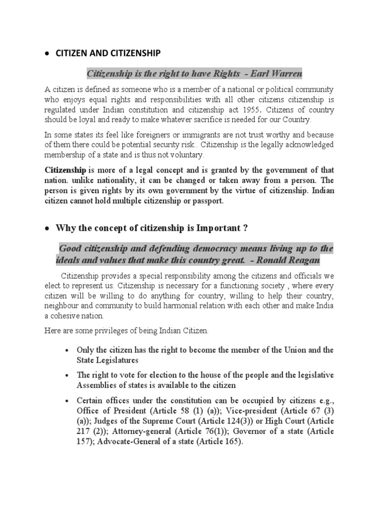Citizen and Citizenship | PDF | Citizenship | Naturalization
