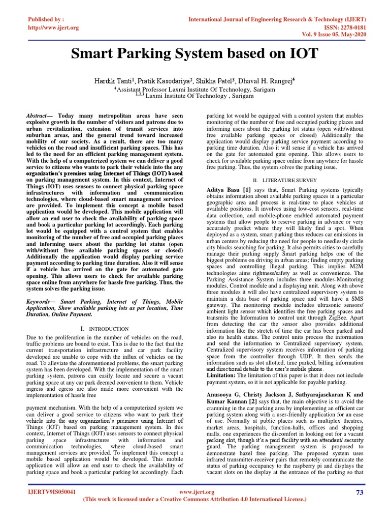 Smart Parking System Based On Iot IJERTV9IS050041 | Download Free PDF ...