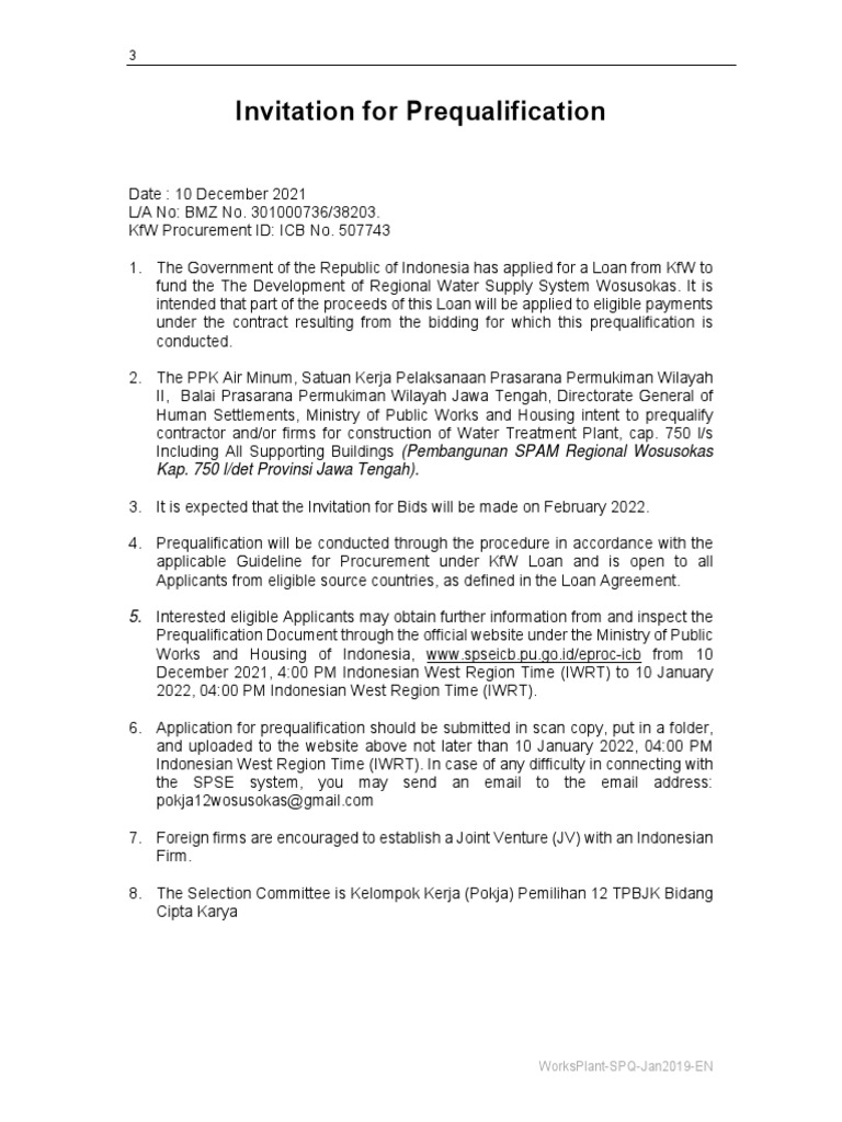 Invitation For Prequalification: Kap. 750 L/det Provinsi Jawa Tengah ...