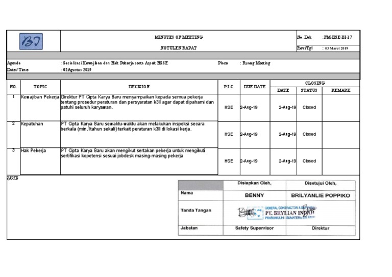 Minutes of Meeting No. Dok:FM-HSE-BI-17 Notulen Rapat Rev./Tgl | PDF