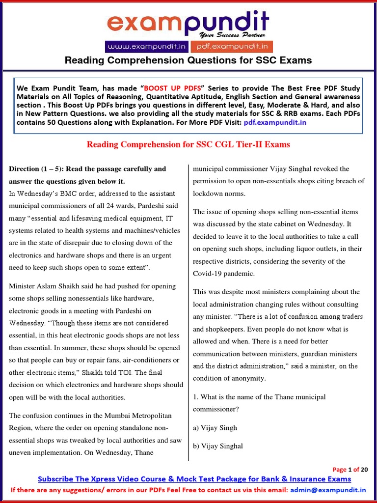 Reading Comprehension Questions For SSC CGL Tier II Exams | PDF ...