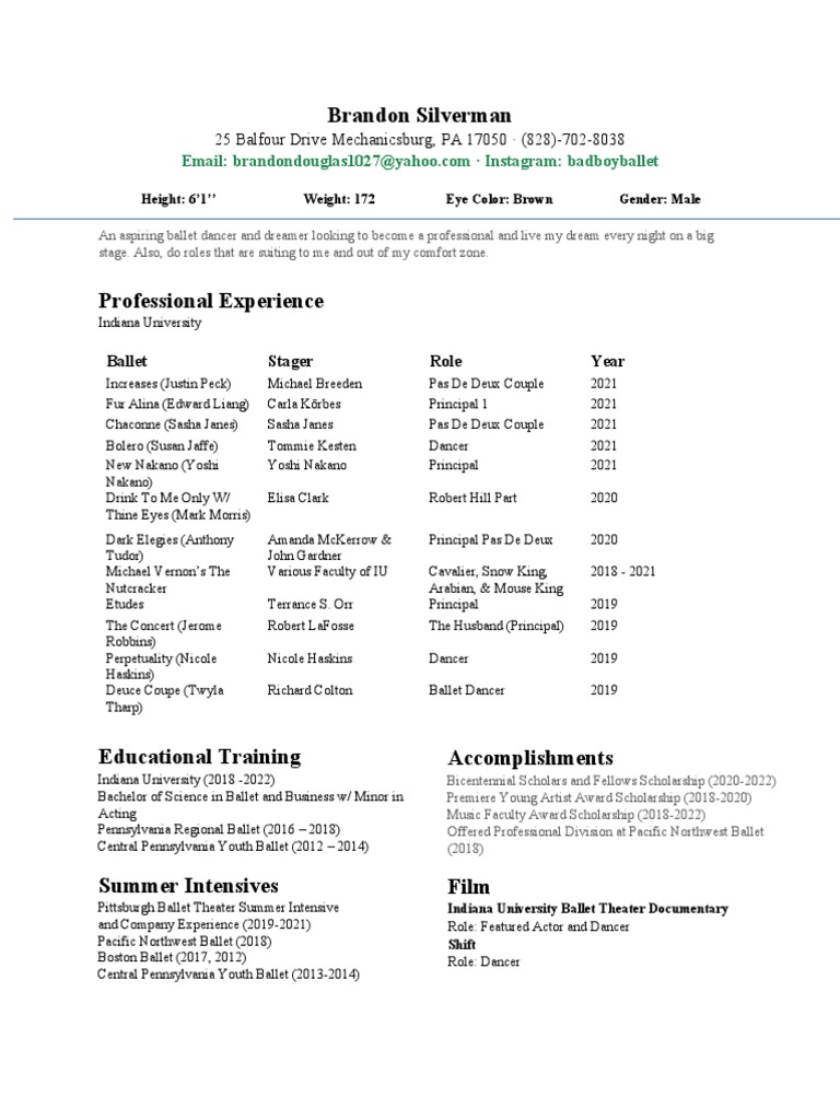 Brandon Silverman Ballet Resume | PDF | Ballet | Dances
