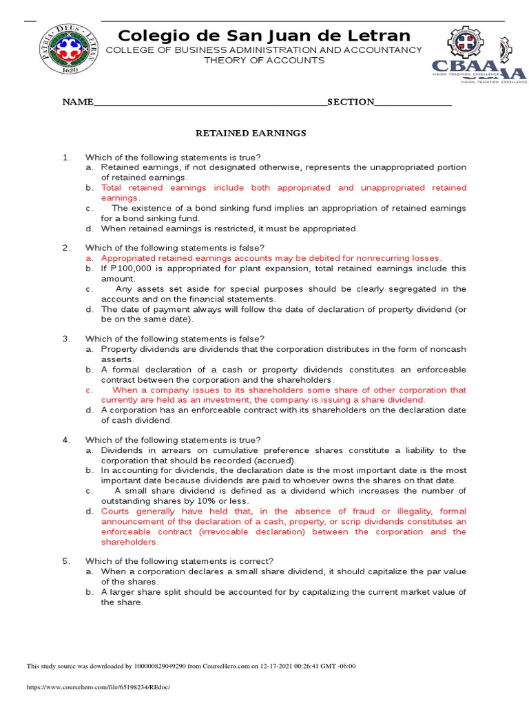 Colegio de San Juan de Letran: NAME - SECTION | PDF | Dividend ...