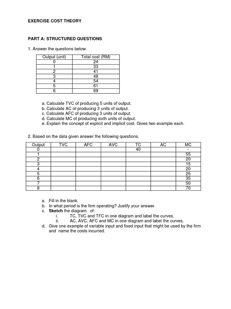 Exercise Topic 5 Cost Theory | PDF | Average Cost | Business