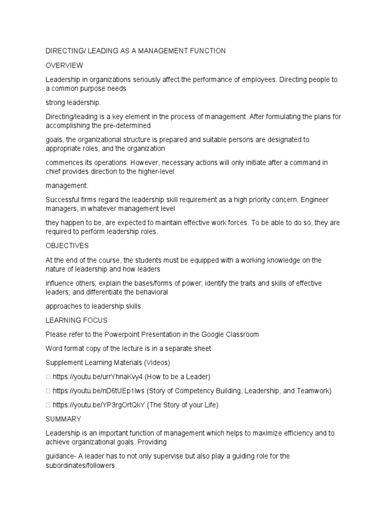 Directing Leading As A Management Function | PDF | Leadership | Human Nature