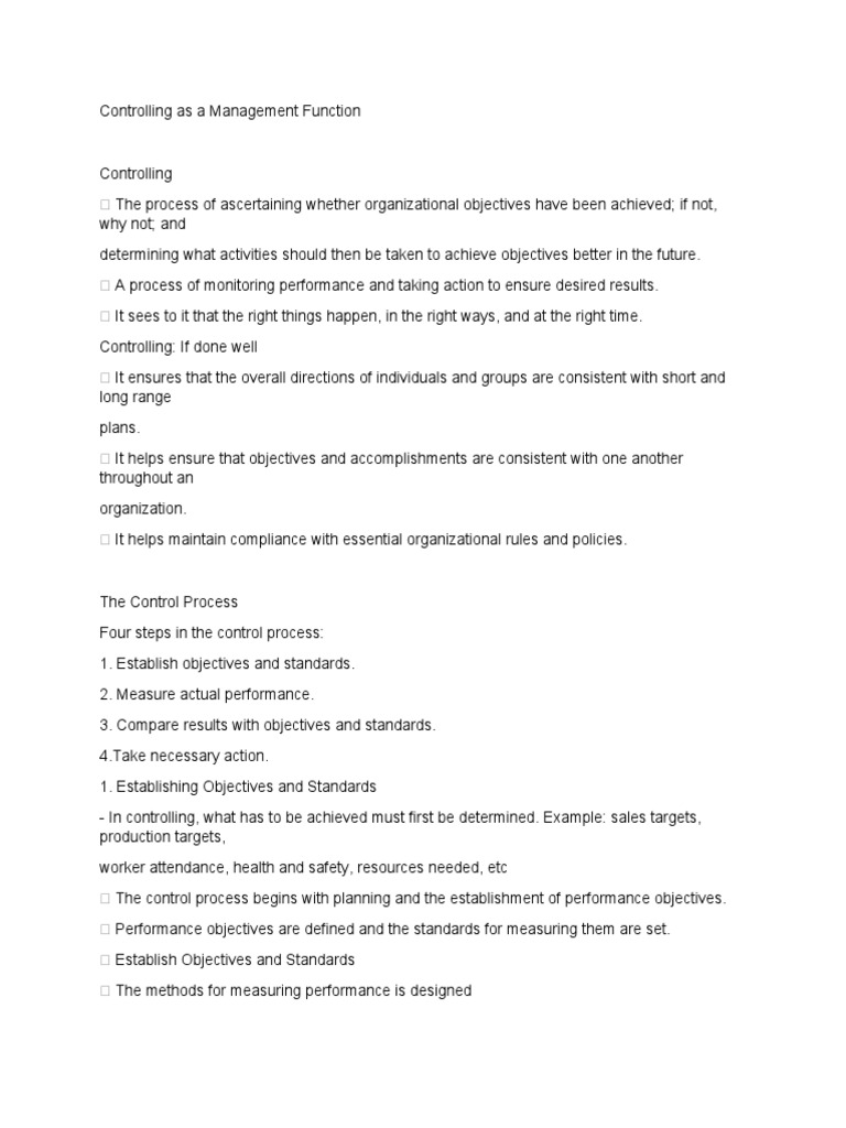 Controlling As A Management Function Pdf Performance Appraisal Business