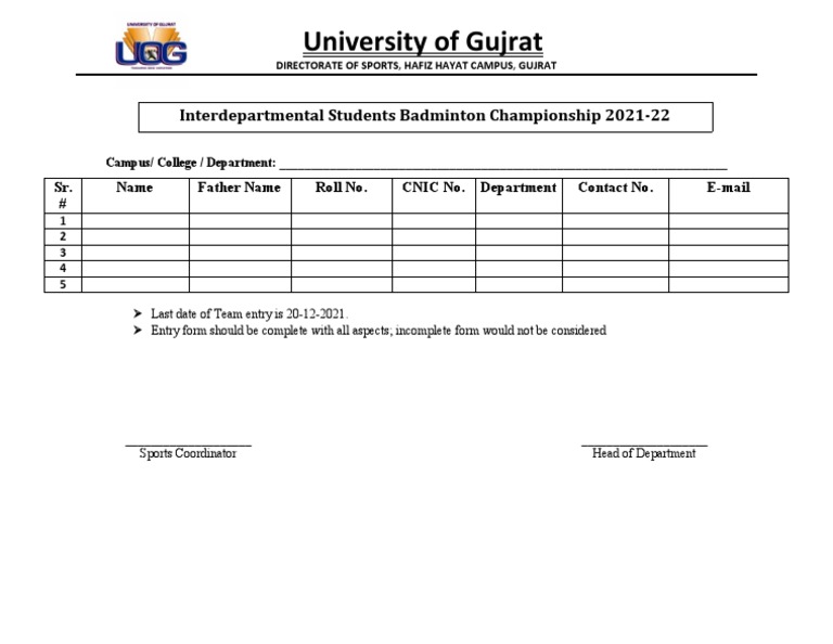 Badminton Tournament Entry Form 2021-22 | PDF