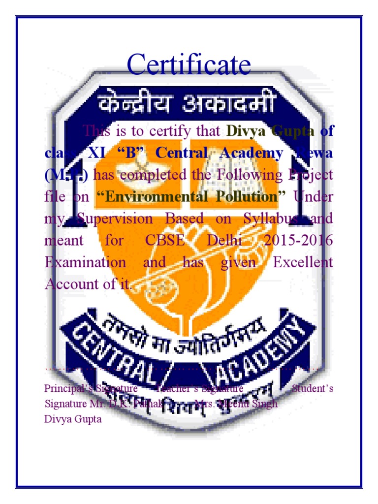 Certificate: of Class XI "B" Central Academy Rewa (M.P.) | PDF
