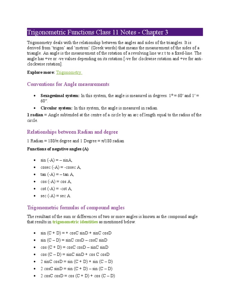 Class 11 Notes Ncert | PDF | Trigonometric Functions | Sine
