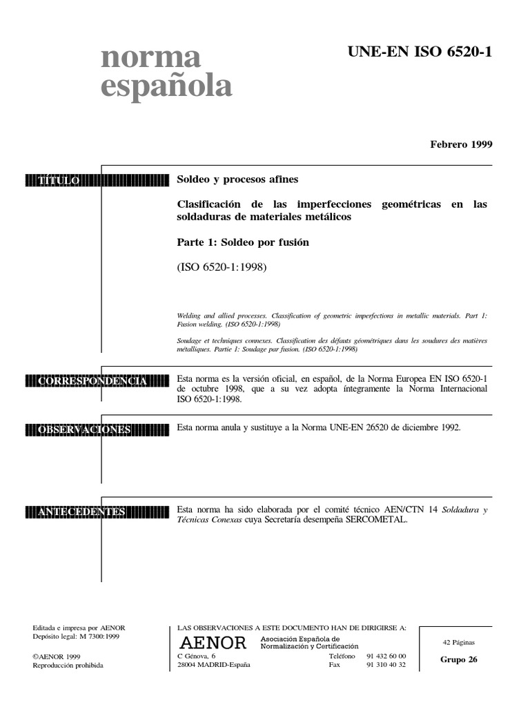 UNE-EN ISO 6520-1 1998 Clasificación de Las Imperfecciones Geométricas ...