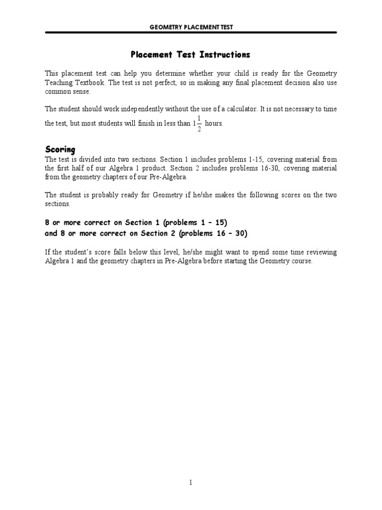 Geometry Placement Test Pdf Area Triangle