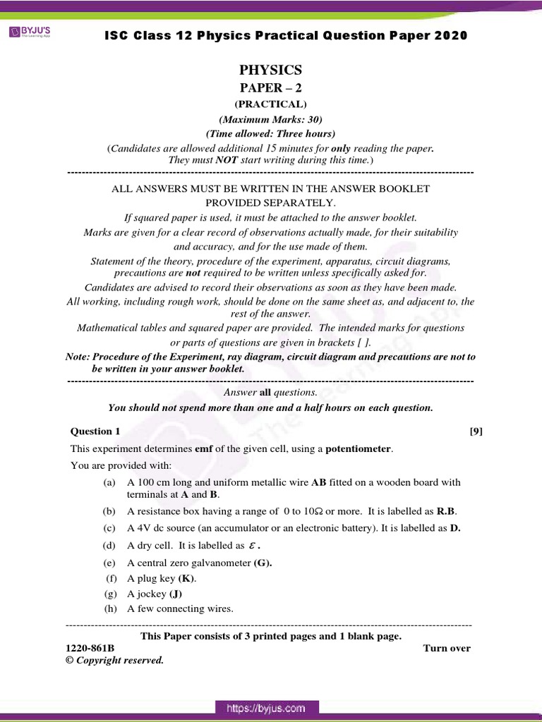 ISC Class 12 Physics Practical Question Paper 2020 | PDF | Optics | Significant Figures