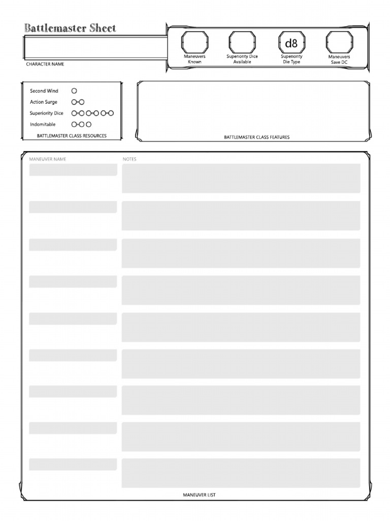 Bat T L Emas T Er Sheet d8: Acti On Surge Superi Ori Ty Di Ce Second Wi ...
