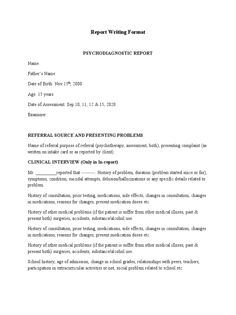Report Writing Format | PDF | Psychotherapy | Intelligence Quotient