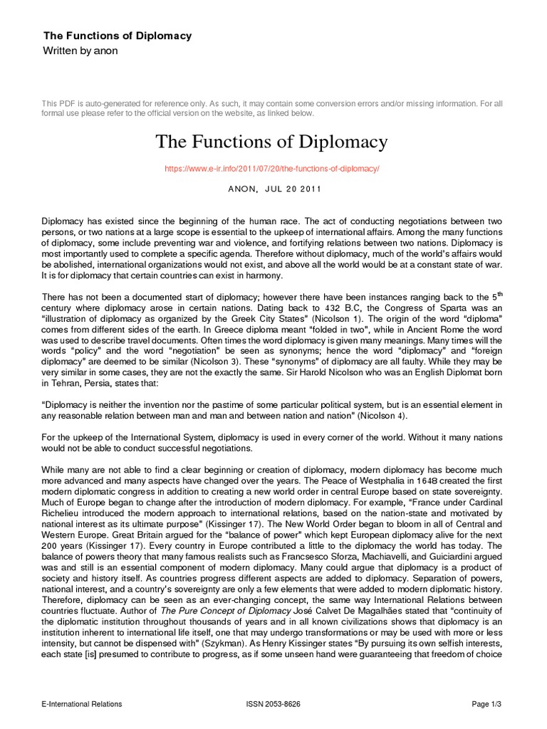 The Functions of Diplomacy: Written by Anon | PDF | Diplomacy | Negotiation