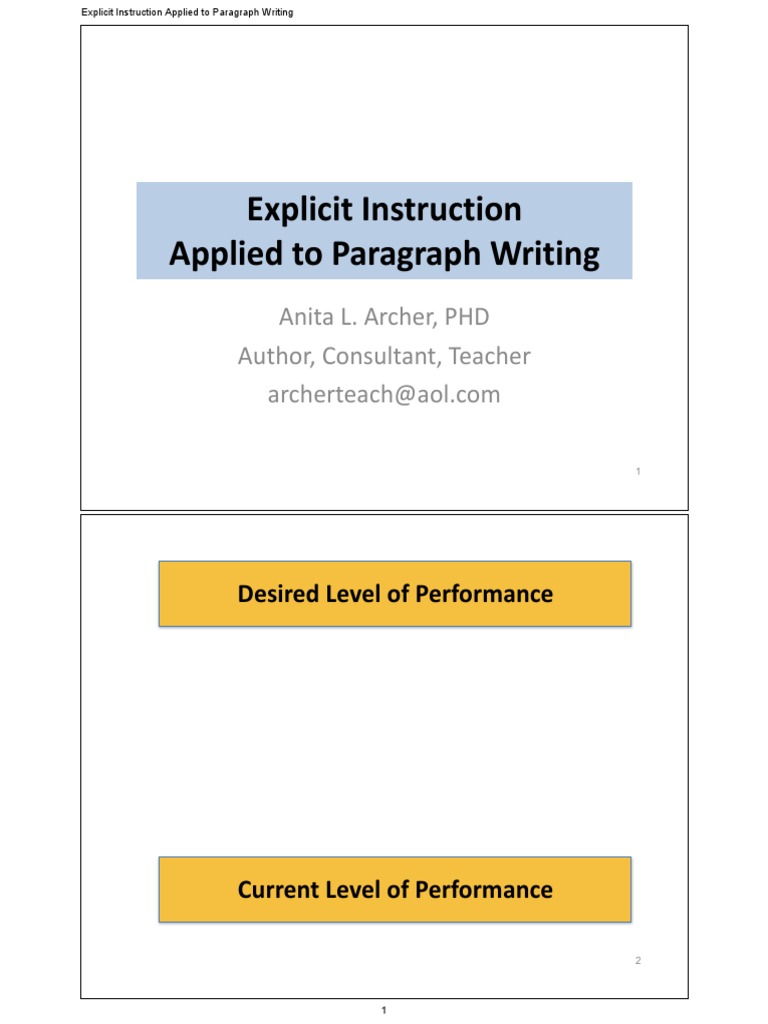 Explicit Instruction Applied To Paragraph Writing: Anita L. Archer, PHD ...