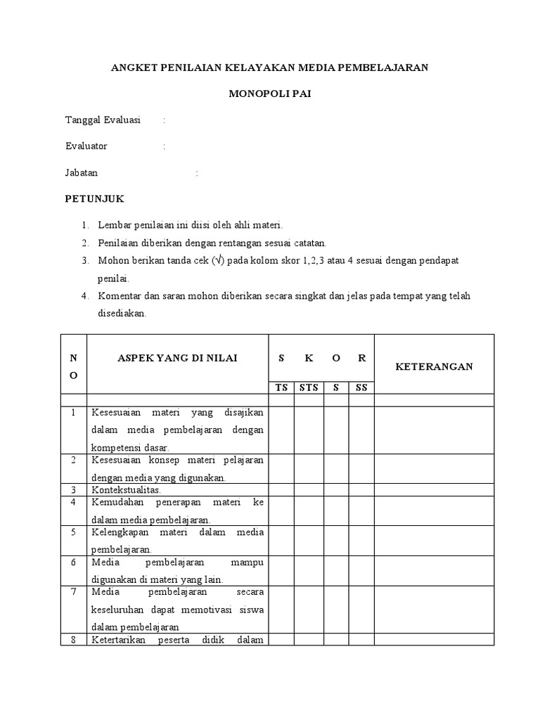 Angket Penilaian Kelayakan Media Pembelajaran | PDF Angket Penilaian Kelayakan Media Pembelajaran | PDF